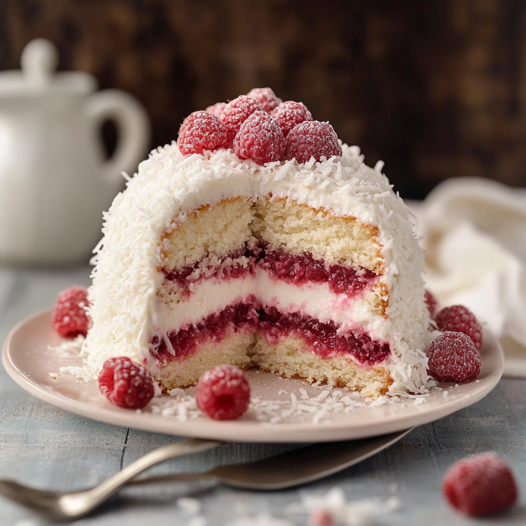 Raspberry Surprise Coconut Snowball Cake