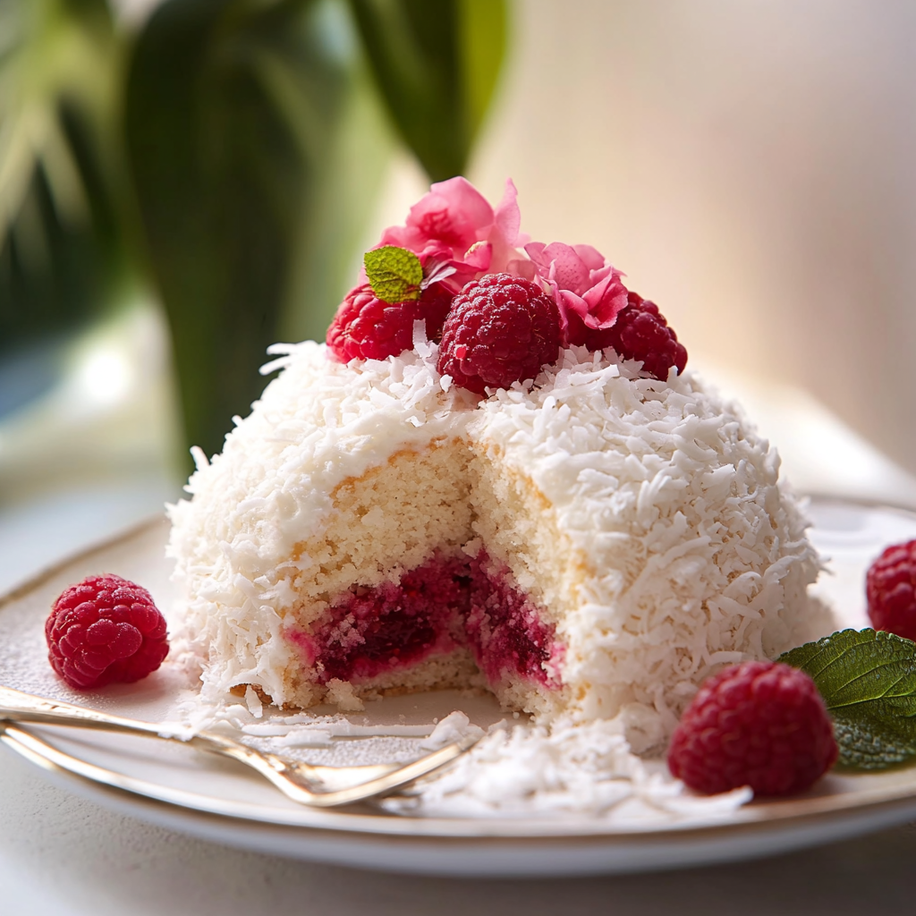 Raspberry Surprise Coconut Snowball Cake