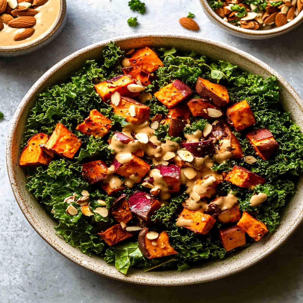 Sweet Potato Kale Salad with Almond Butter Dressing