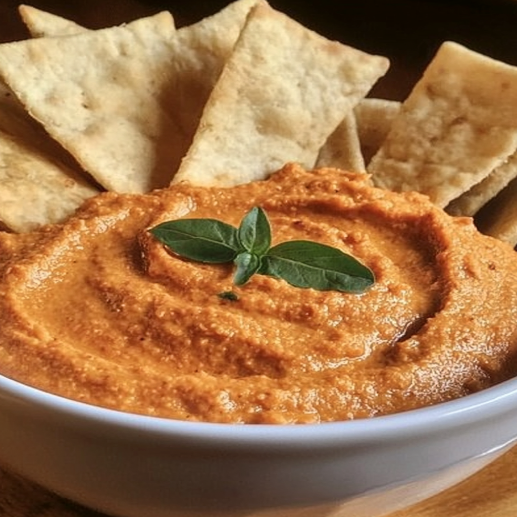 Roasted Red Pepper Hummus with Pita Chips