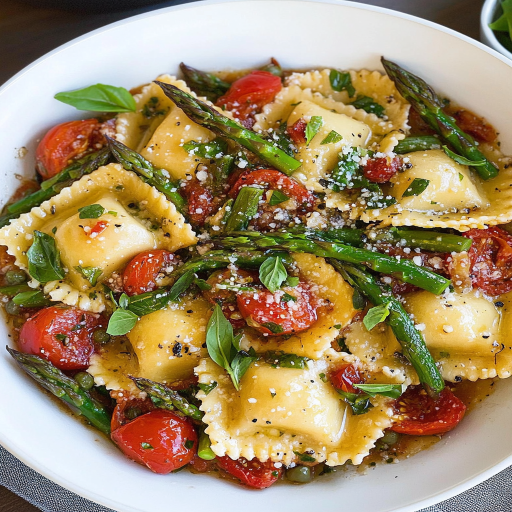 Ravioli with Tomatoes, Asparagus, Garlic & Herbs