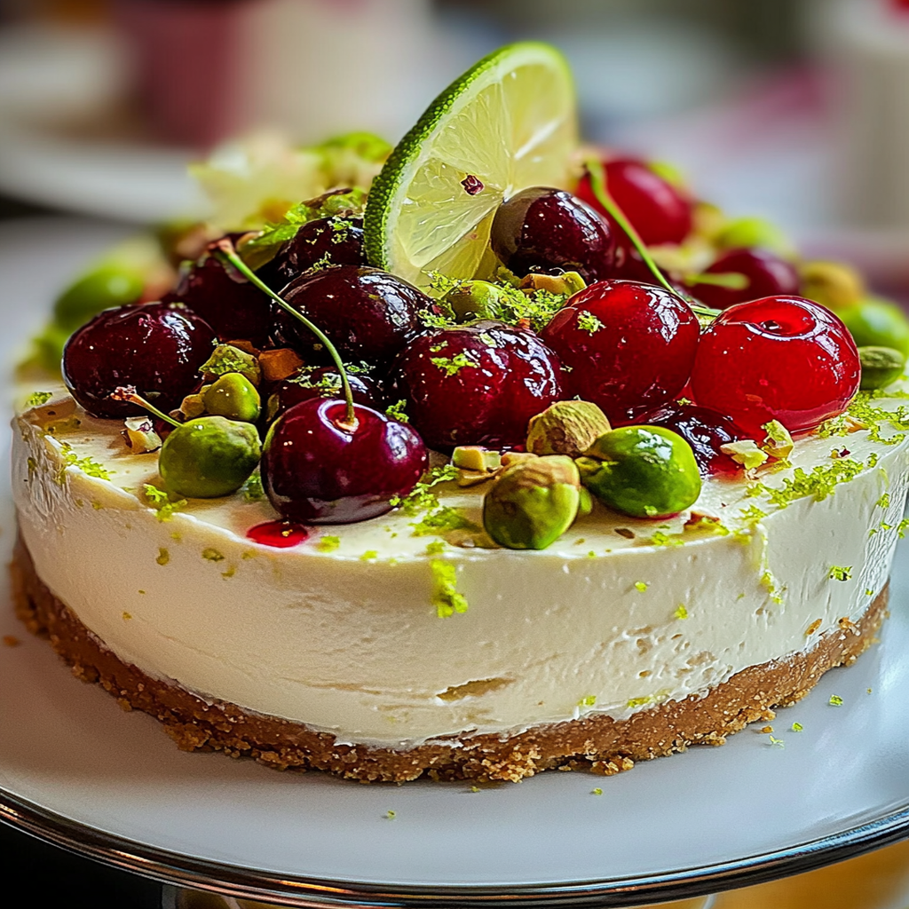 Zesty Lemon-Lime Cherry Pistachio Cheesecake
